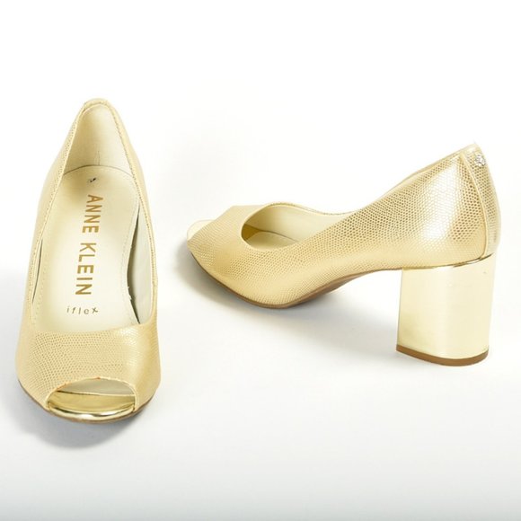 Anne Klein | Shoes | Ann Klein Iflex Gold Peep Toe Pump With Sturdy ...
